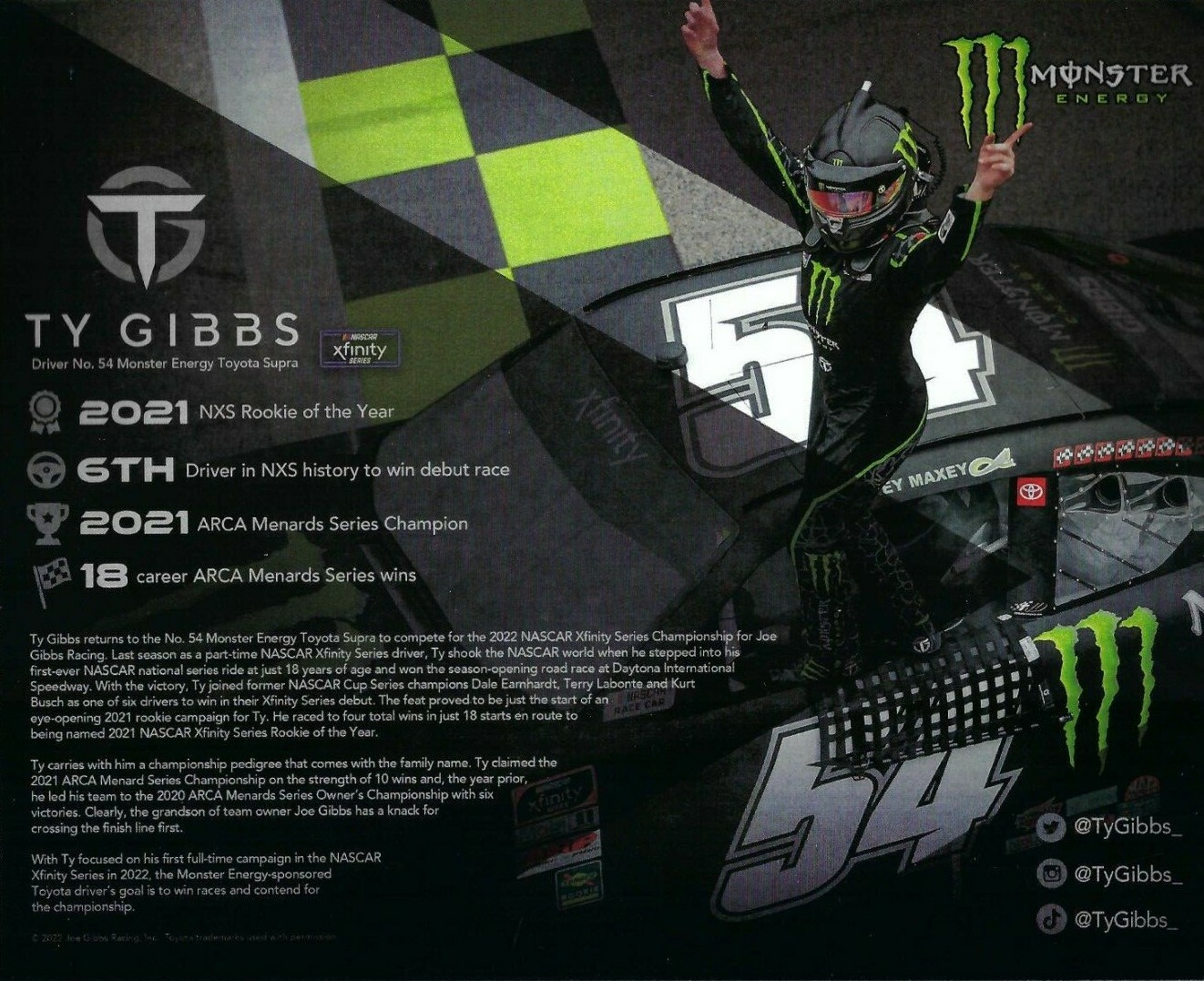 2022 TY GIBBS "MONSTER ENERGY” #54 NASCAR XFINITY SERIES POSTCARD | eBay