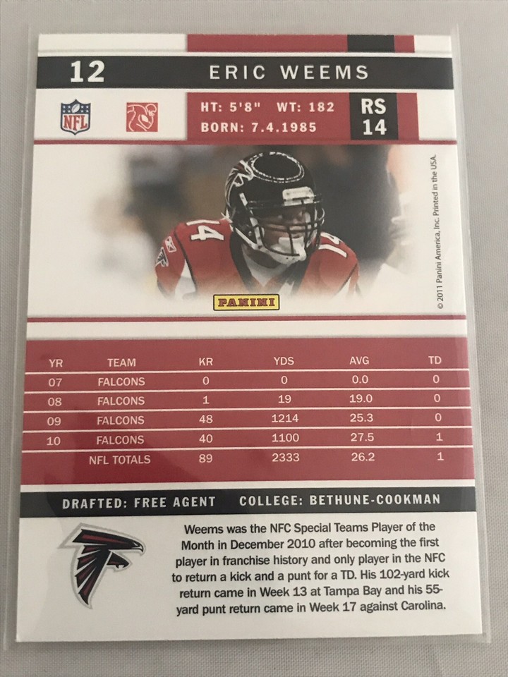 2011 Score Eric Weems Gold Zone Atlanta Falcons #12 | eBay