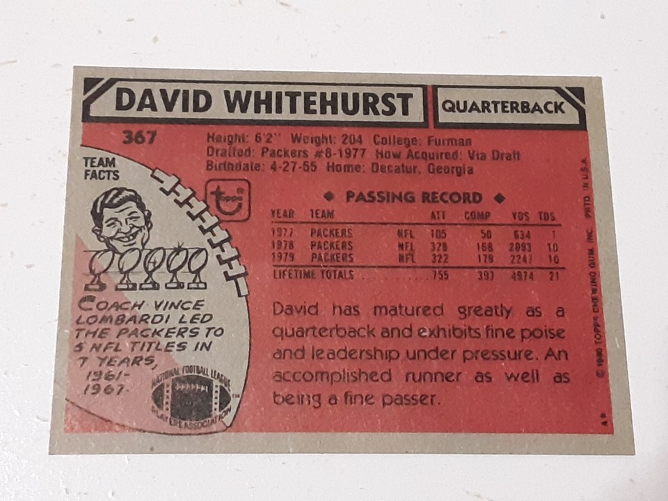 David Whitehurst Green Bay Packers 1980 Topps Card #367 | eBay