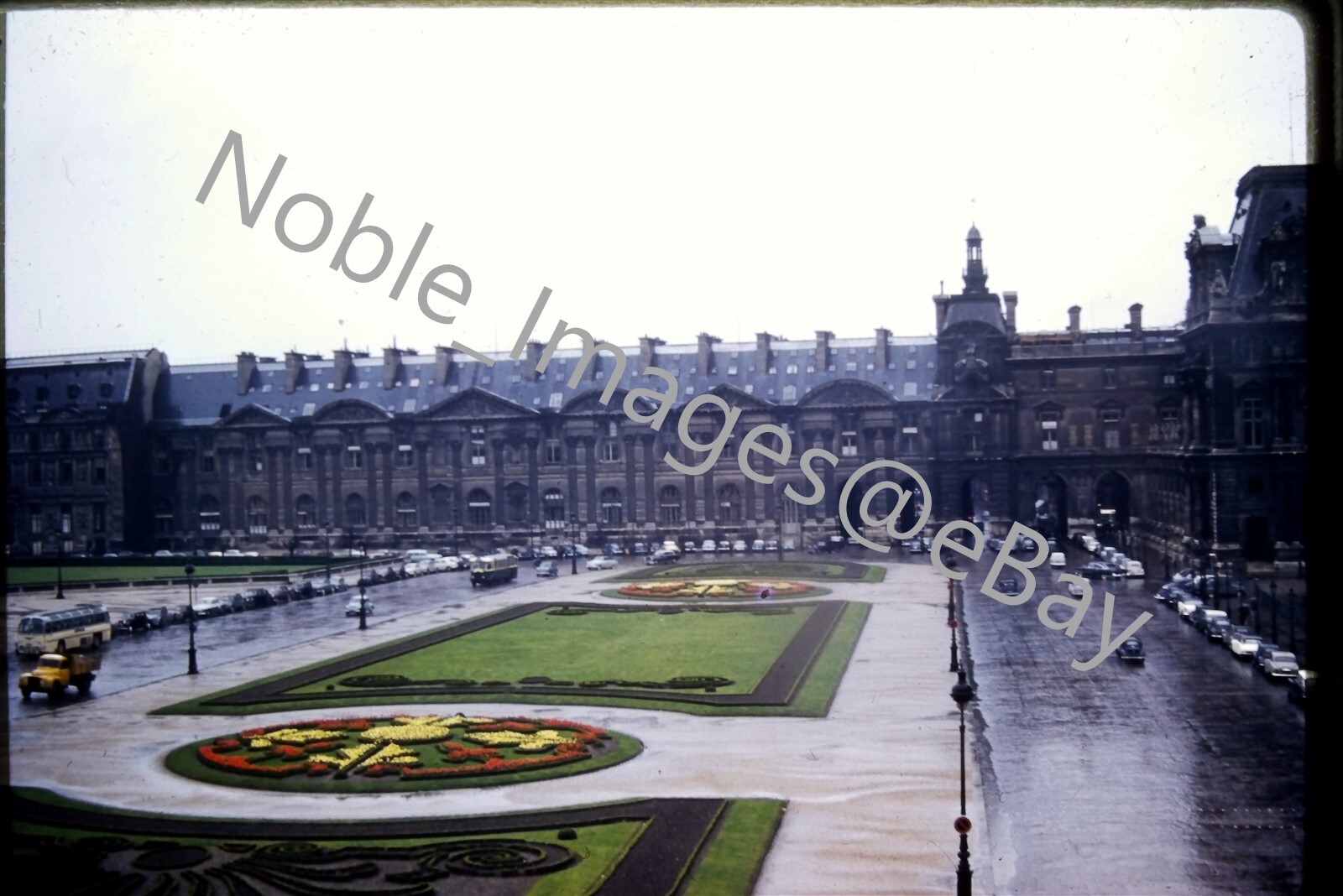 1950 Louvre Palace Rainy Street Scene Buses Paris Red-Border Kodachrome ...