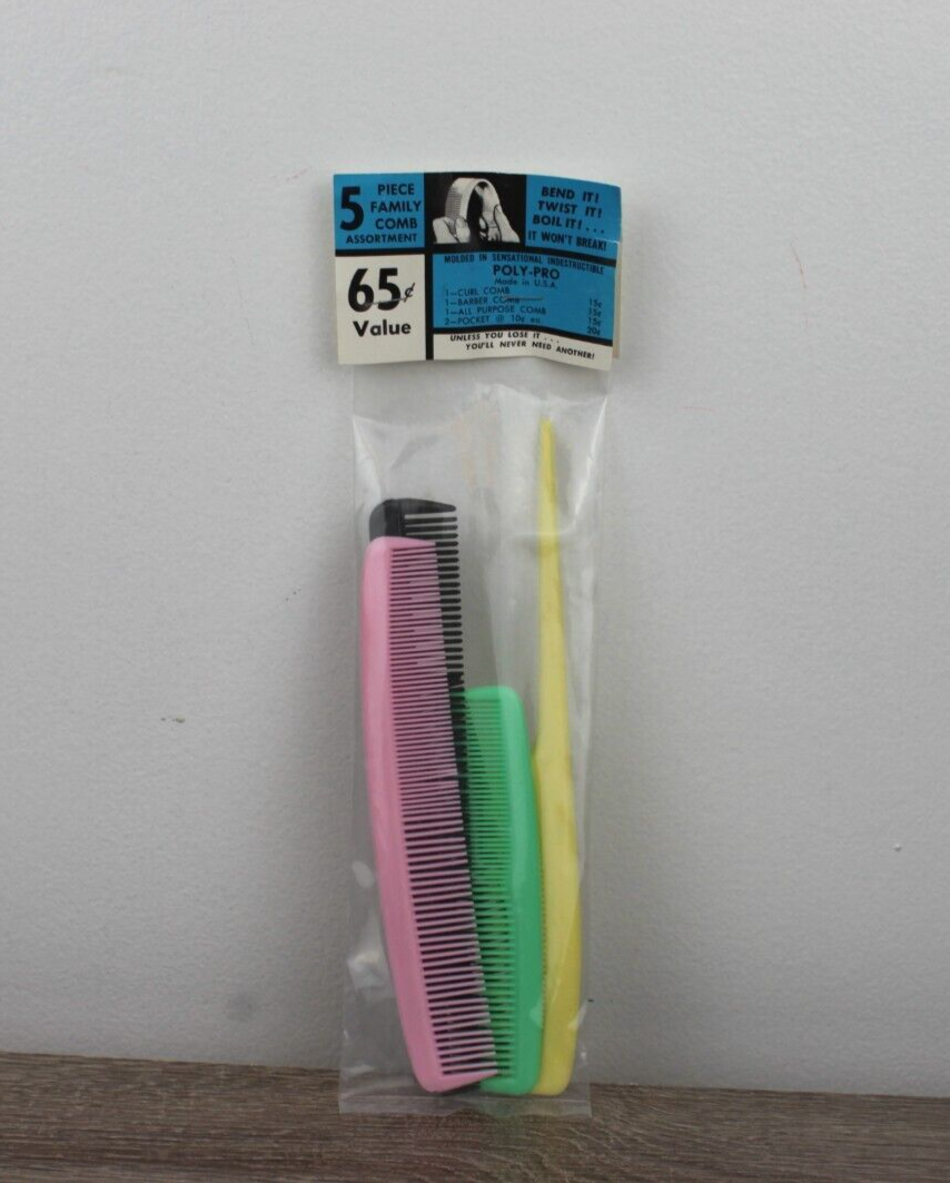 NEW Vintage Comb Set - 5 Piece - Poly-Pro USA Unbreakable Colored Combs ...