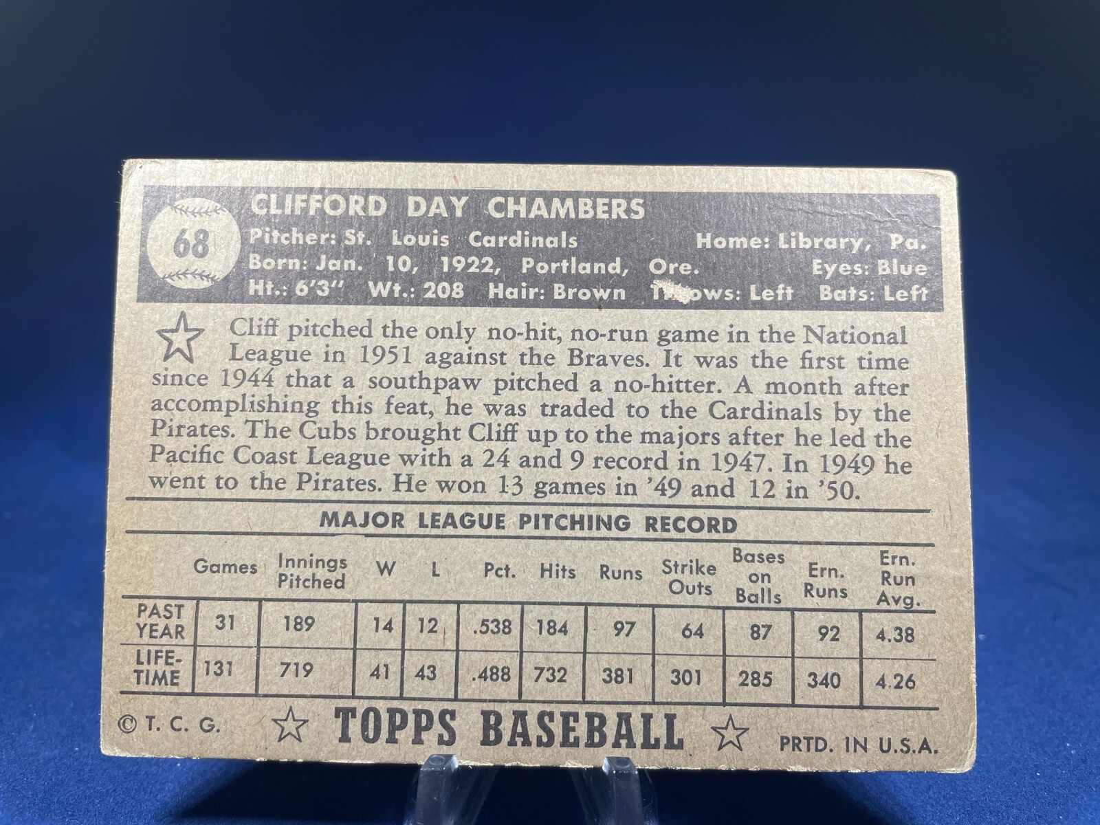 1952 Topps Baseball Card Cliff Chambers #68 St. Louis Cardinals | eBay