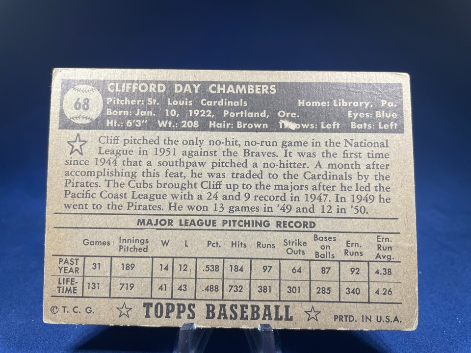 1952 Topps Baseball Card Cliff Chambers #68 St. Louis Cardinals | eBay