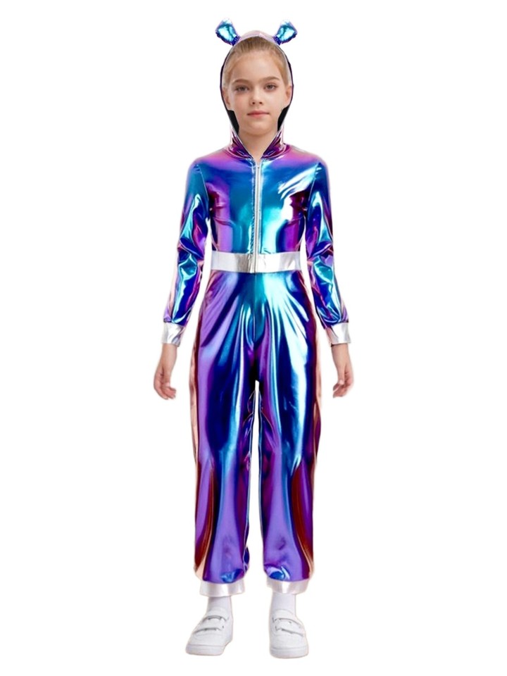 Girls Metallic Gloss Hood Jumpsuit Alien Costume Halloween Costume ...