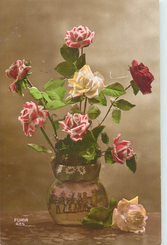 Postcard flowers red yellow rose vase Furia | eBay
