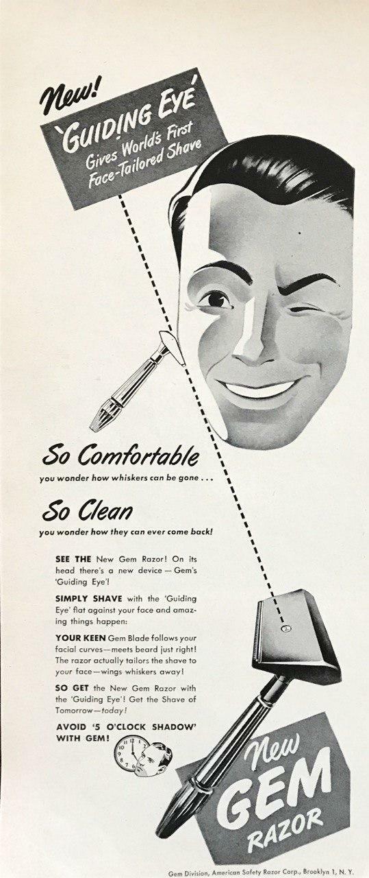 1947 Gem Razor Print Ad Guiding Eye Gives Worlds First Face Tailored ...