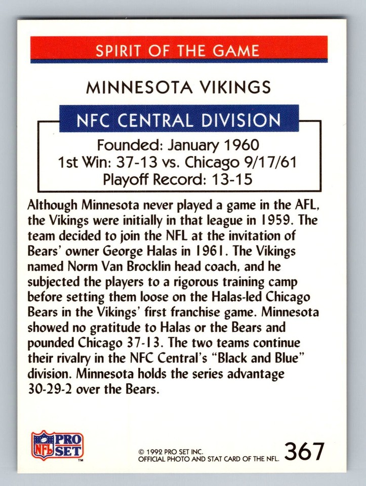 1992 Pro Set #367 Minnesota Vikings SPI Minnesota Vikings | eBay