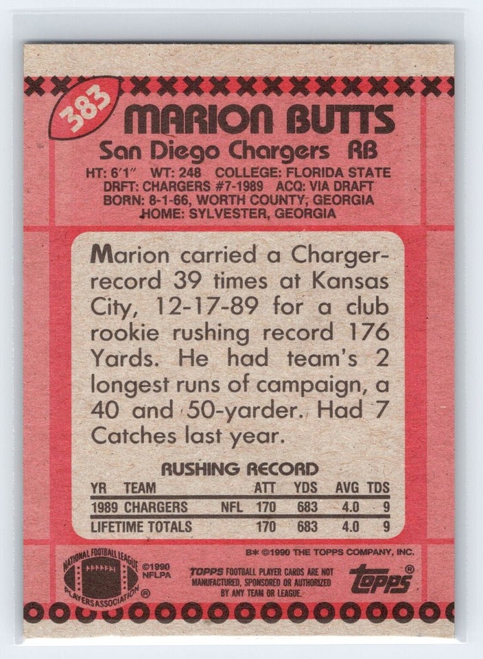 MARION BUTTS 1990 Topps Football Card #383 San Diego Chargers | eBay