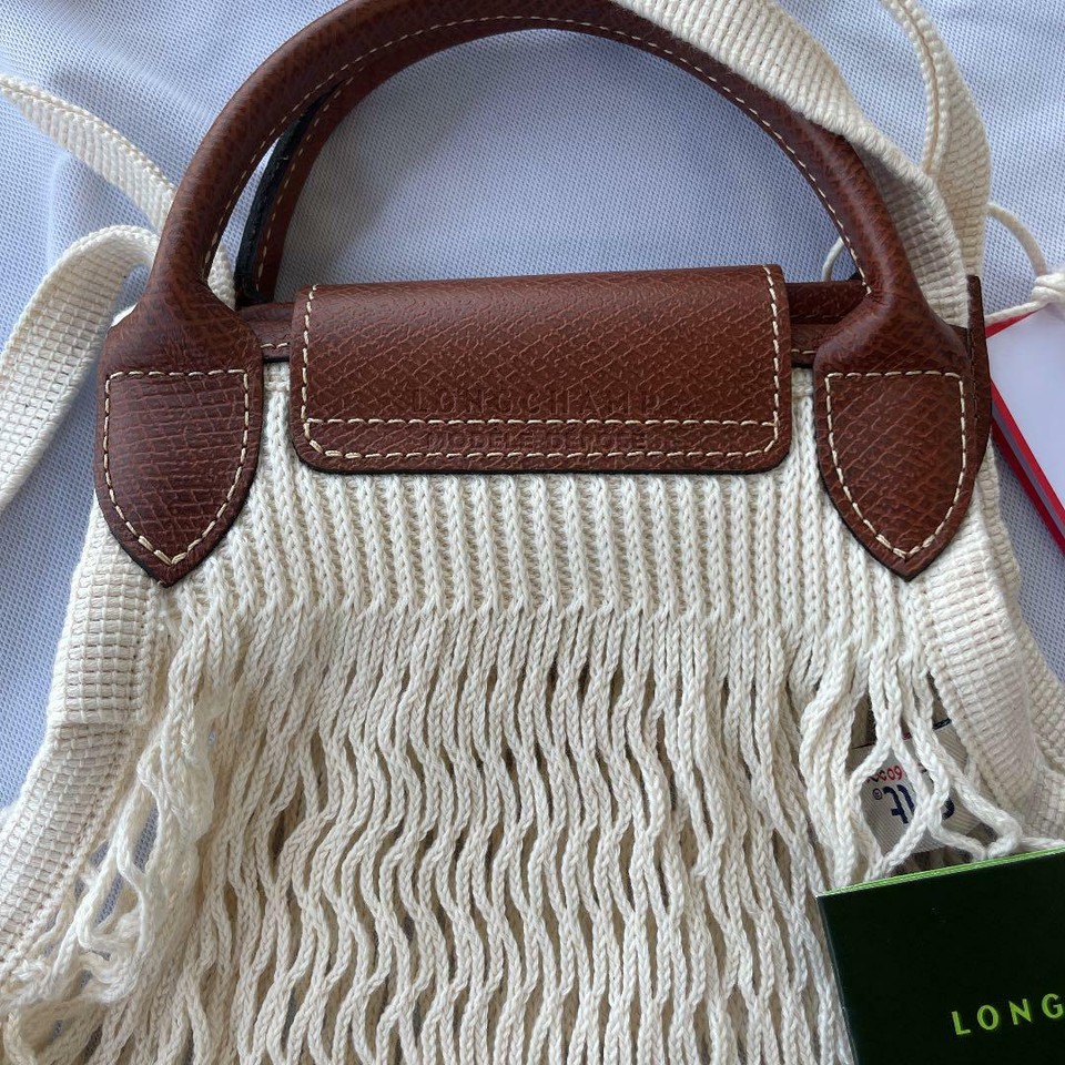 Auth Longchamp Filt Limited Mesh Net Bag White Brown Cotton Leather ...