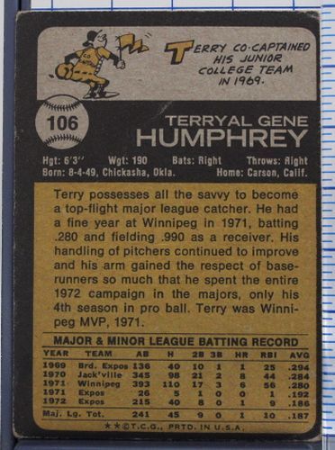 1973 Topps Baseball #106 Terry Humphrey J73TBB106-180623 | eBay