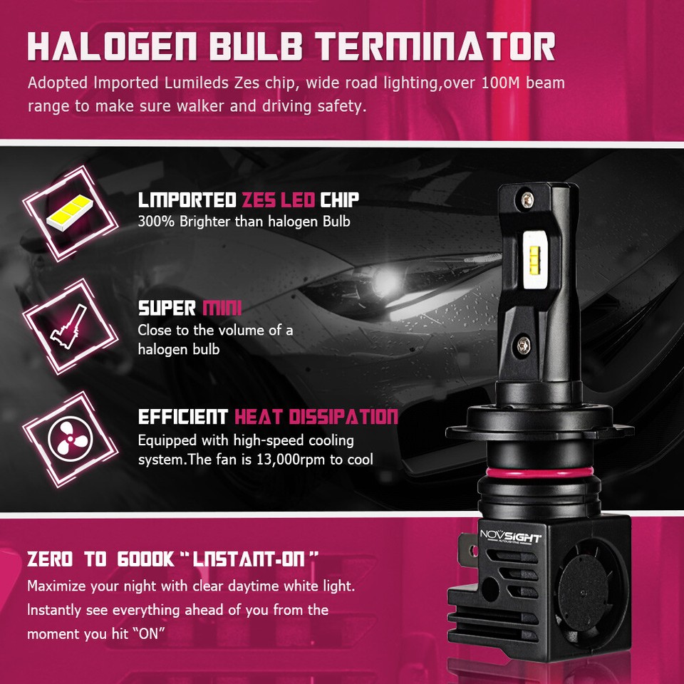 NOVSIGHT H7 LED Headlight Bulbs Kit Replace Halogen Lamps 55W 10000LM ...