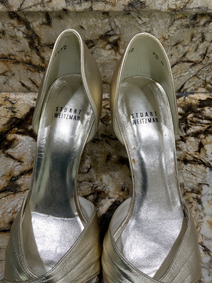 Stuart Weitzman “Crissy” Gold Leather Pumps Size 7.5; D’Orsay Heels ...