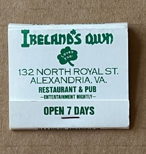 Ireland's Own Matchbook Alexandria Virginia VA Irish Bar Restaurant Old ...