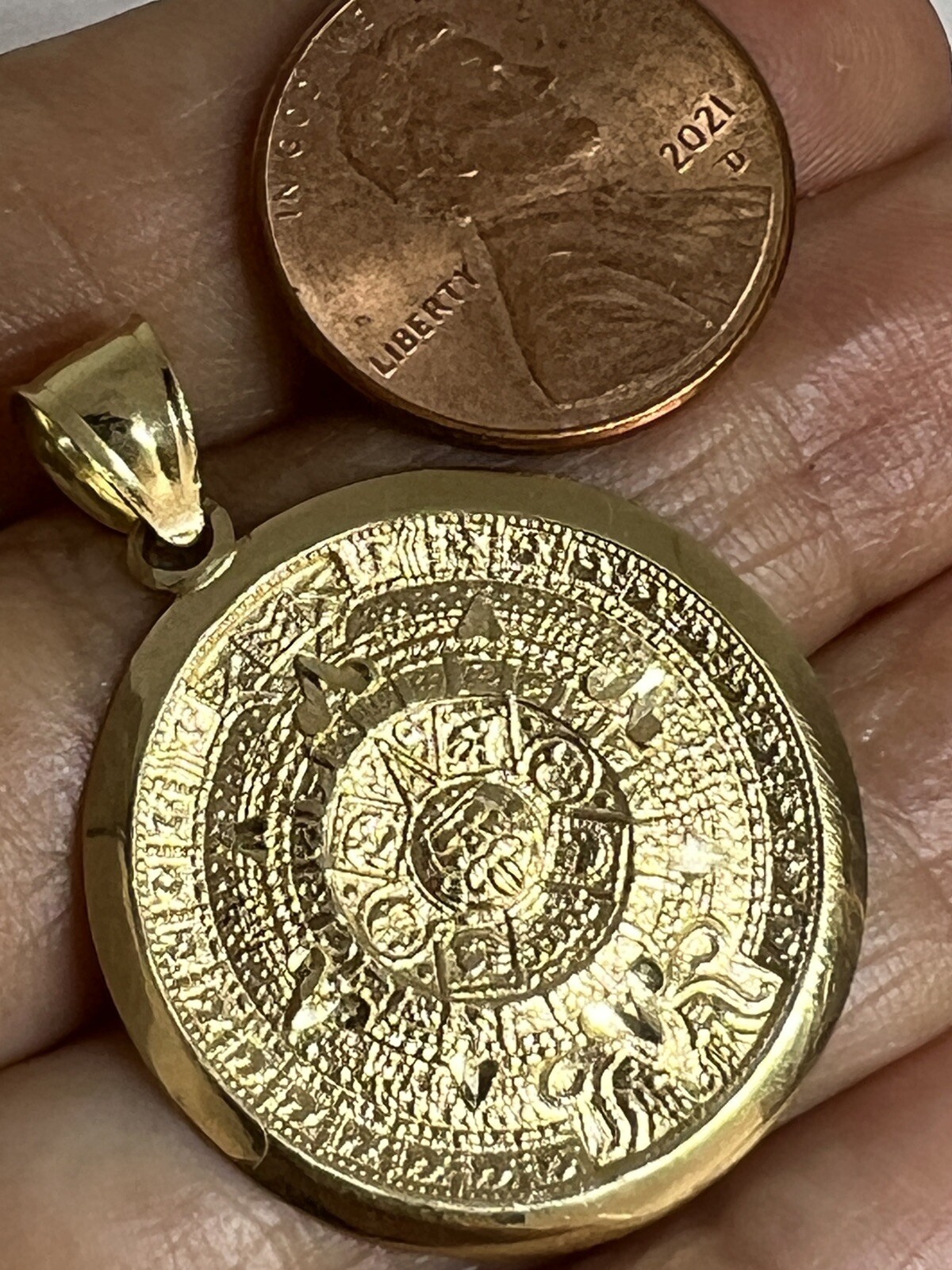 GOLd Aztec Pendant 14K azteca sun mayan calendar Solid necklace mexico ...