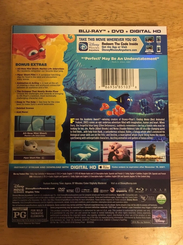Finding Dory (Blu-ray/DVD, Includes Digital Copy) BRAND NEW ...