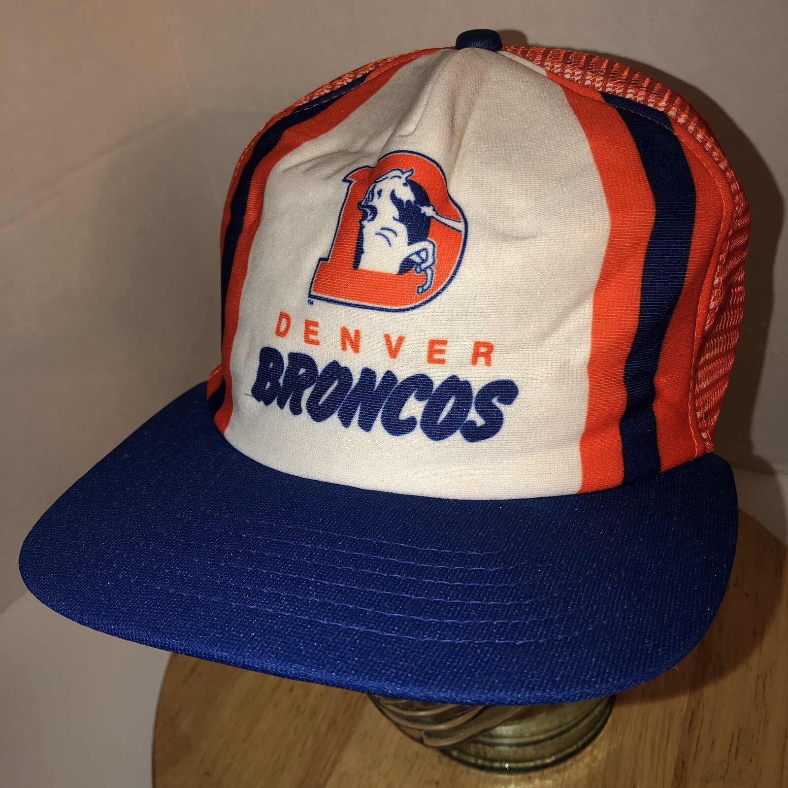 VTG DENVER BRONCOS 80s USA New Era Stripes Tri-Color Trucker Hat Cap ...