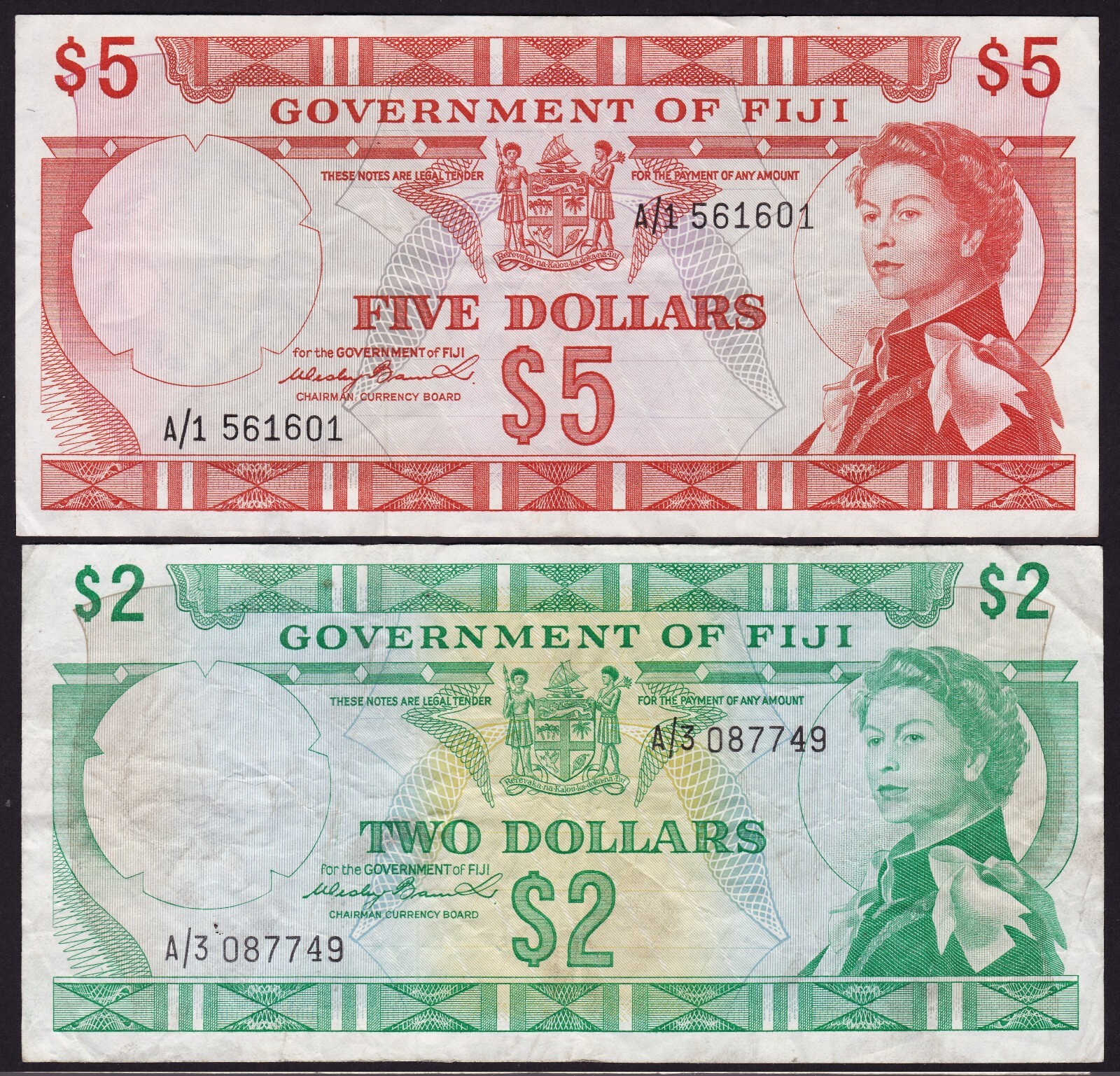 Fiji Banknotes $5, $2, $1 and 50 cents 1971 Set P64a, P65a, P66a, P67a ...