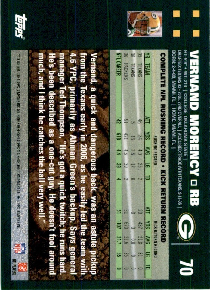 2007 TOPPS VERNAND MORENCY GREEN BAY PACKERS #70 | eBay