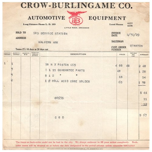 1929 CROW-BURLINGAME CO. Automotive Equipment Order Form Little Rock AR ...