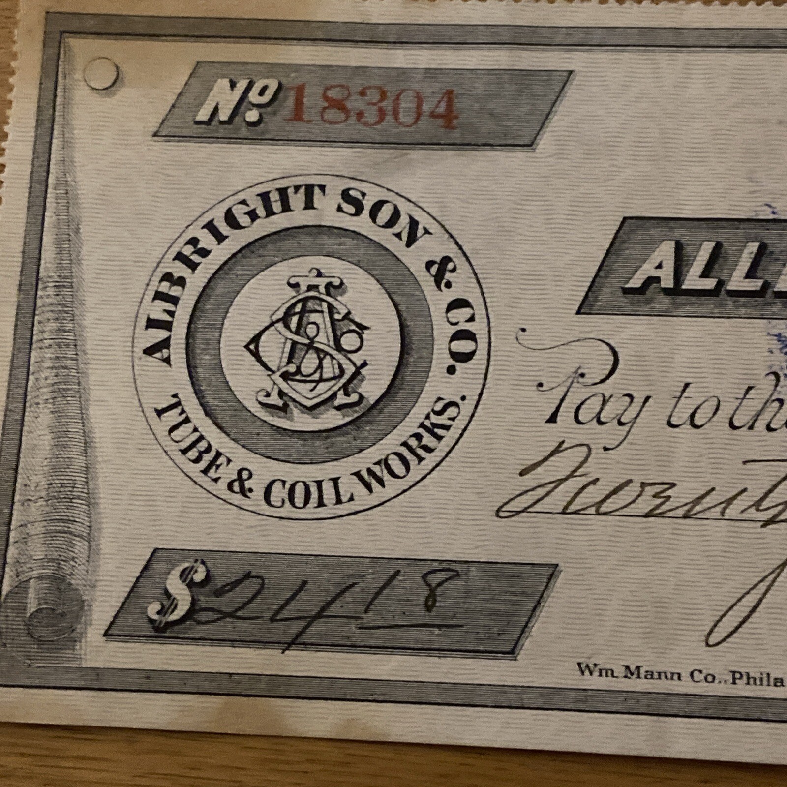 Allentown National Bank (Allentown, PA) Check Paid (June 1900) Albright ...