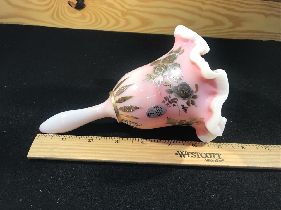 Fenton Barbie Pink Gold Roses Designer Bell #27 LE Hand Painted Artist ...