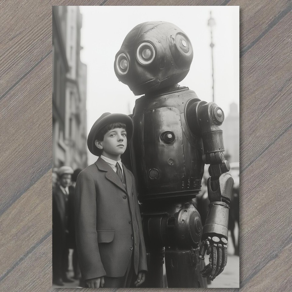 Art Print Child Retro Robot Duo Nostalgic Futuristic Technology ...