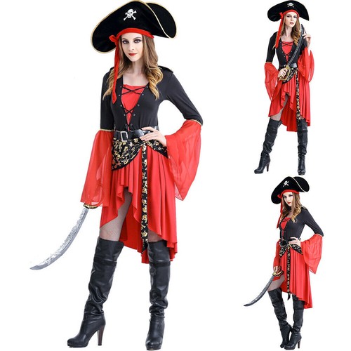 Women Pirate Costume Caribbean Buccaneer Cosplay Fancy Dress Halloween ...