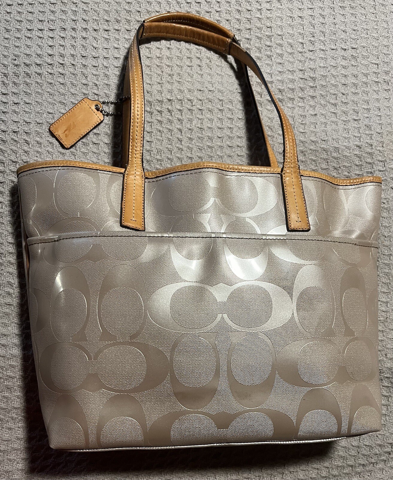 COACH Tote Handbag Logo Signature Canvas Leather Silv… - Gem