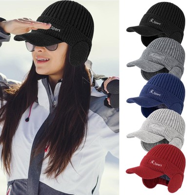 Knitted Baseball Hat with Ear Flaps Men Women Plush Lining Warm Winter ...