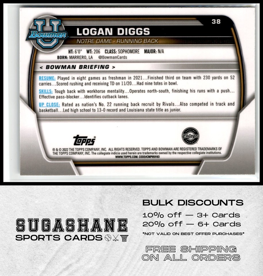 2022 1st Bowman University 38 Logan Diggs Notre Dame Football Card | eBay