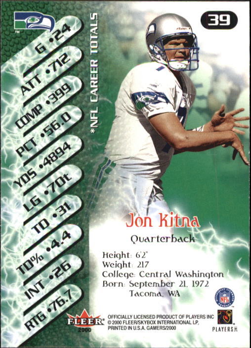 2000 Fleer Gamers Football Card #39 Jon Kitna | eBay