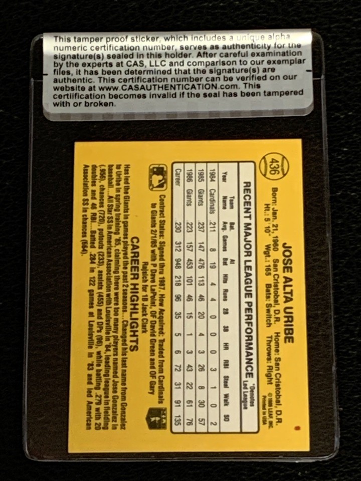 JOSE URIBE 1987 DONRUSS SIGNED AUTOGRAPHED CARD #436 SF GIANTS CAS ...