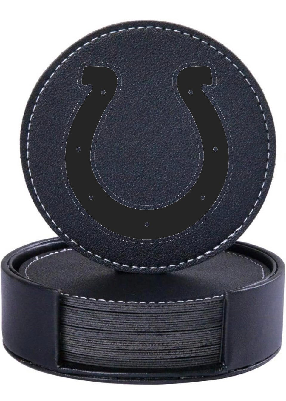 CUSTOM COLTS ENGRAVED BLACK LEATHER COASTERS WITH LEATHER HOLDER *SET ...