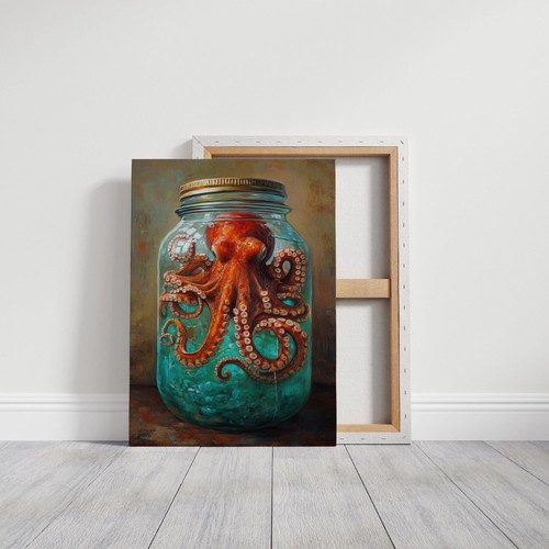 Vibrant Octopus in Mason Jar Canvas Wall Art, Unique Nautical Coastal ...