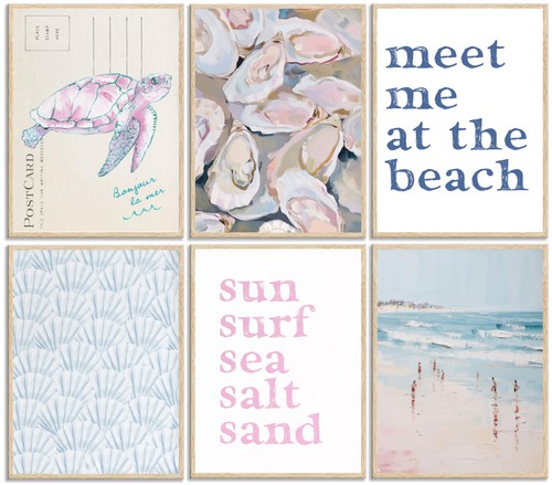 6Pcs Blue Beach Preppy Wall Art Pink Sea Turtle Canvas Coastal Prints ...