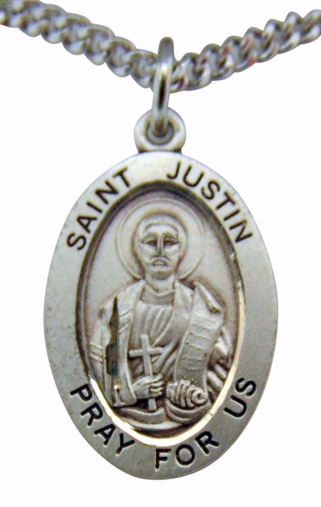 Saint Justin Oval Sterling Silver 7/8" Medal w/ 20" Chain Boxed Made in ...