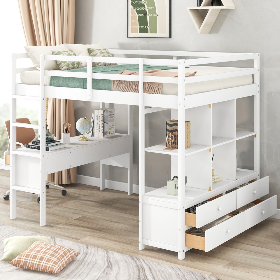 Loft Bed with Built-in Desk and Storage Shelves Wood Loft Bed Frame ...