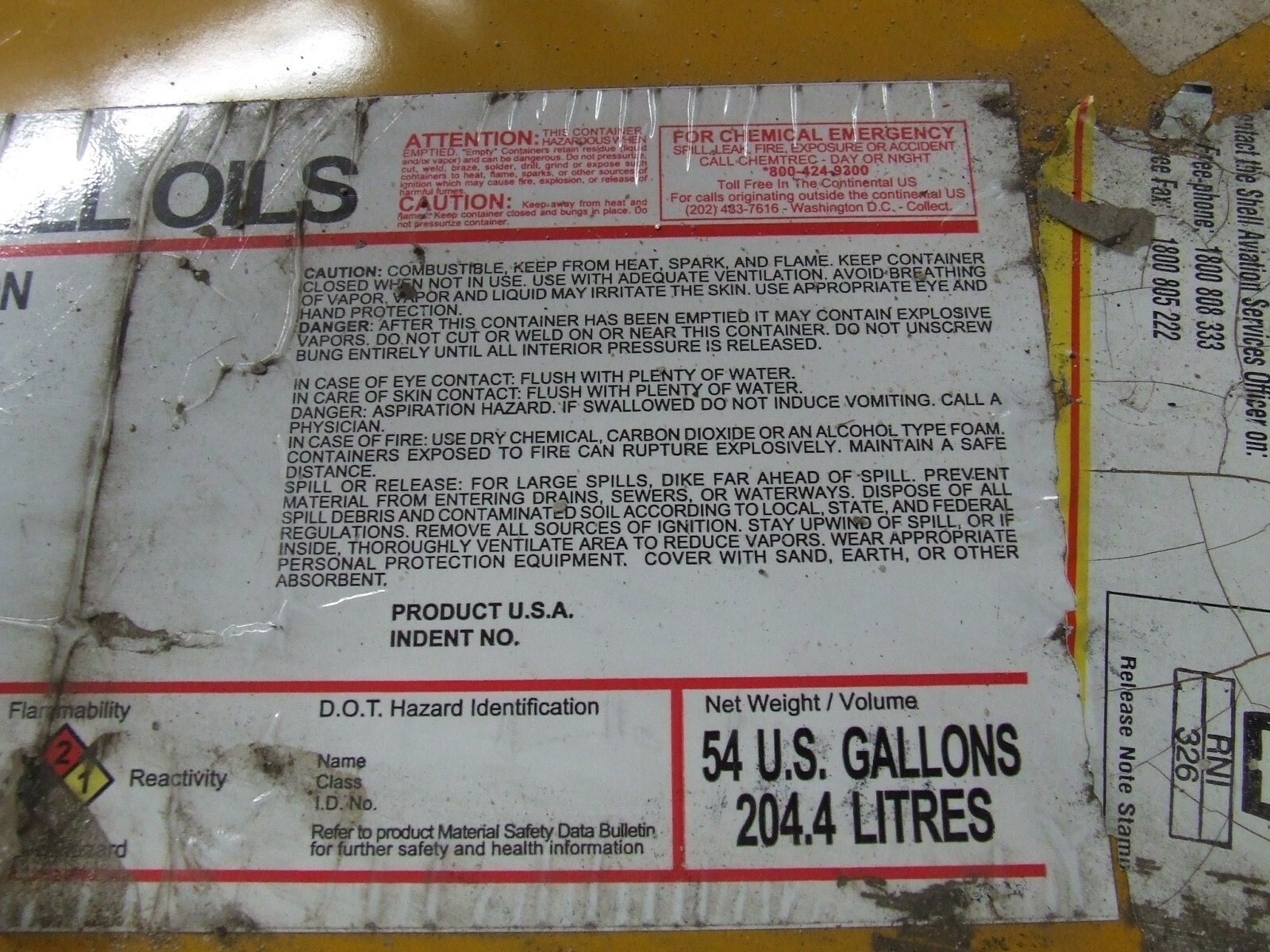 Shell aviation calibrating fluid 2 MIL-C-7024D Type II 204.4 Litre Drum ...