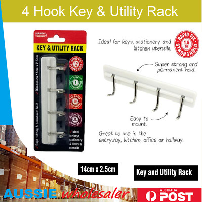 4 Hook Key & Utility Rack HANDY HARDWARE Stick-On Utility Key Rack with ...