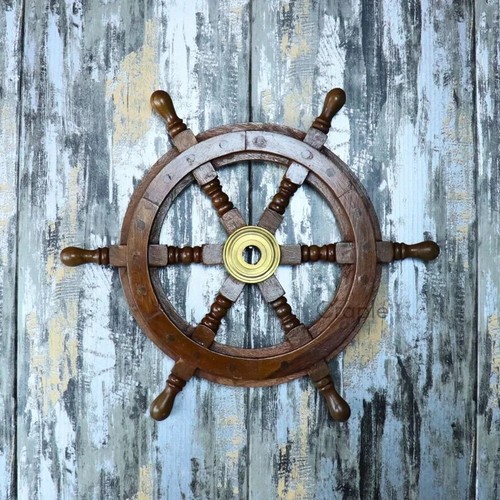 NAUTICAL WHEEL WALL DECOR VINTAGE ANTIQUE FINISHING BRASS WOODEN BOAT ...
