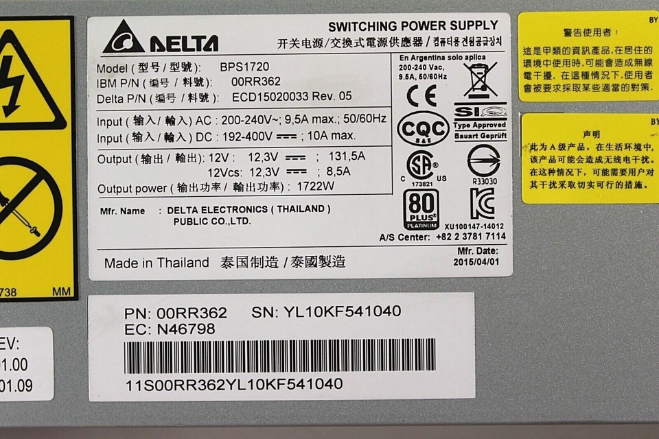 00RR362 BPS1720, ECD15020033-05, XU100147-14012 1722W IBM Power System ...