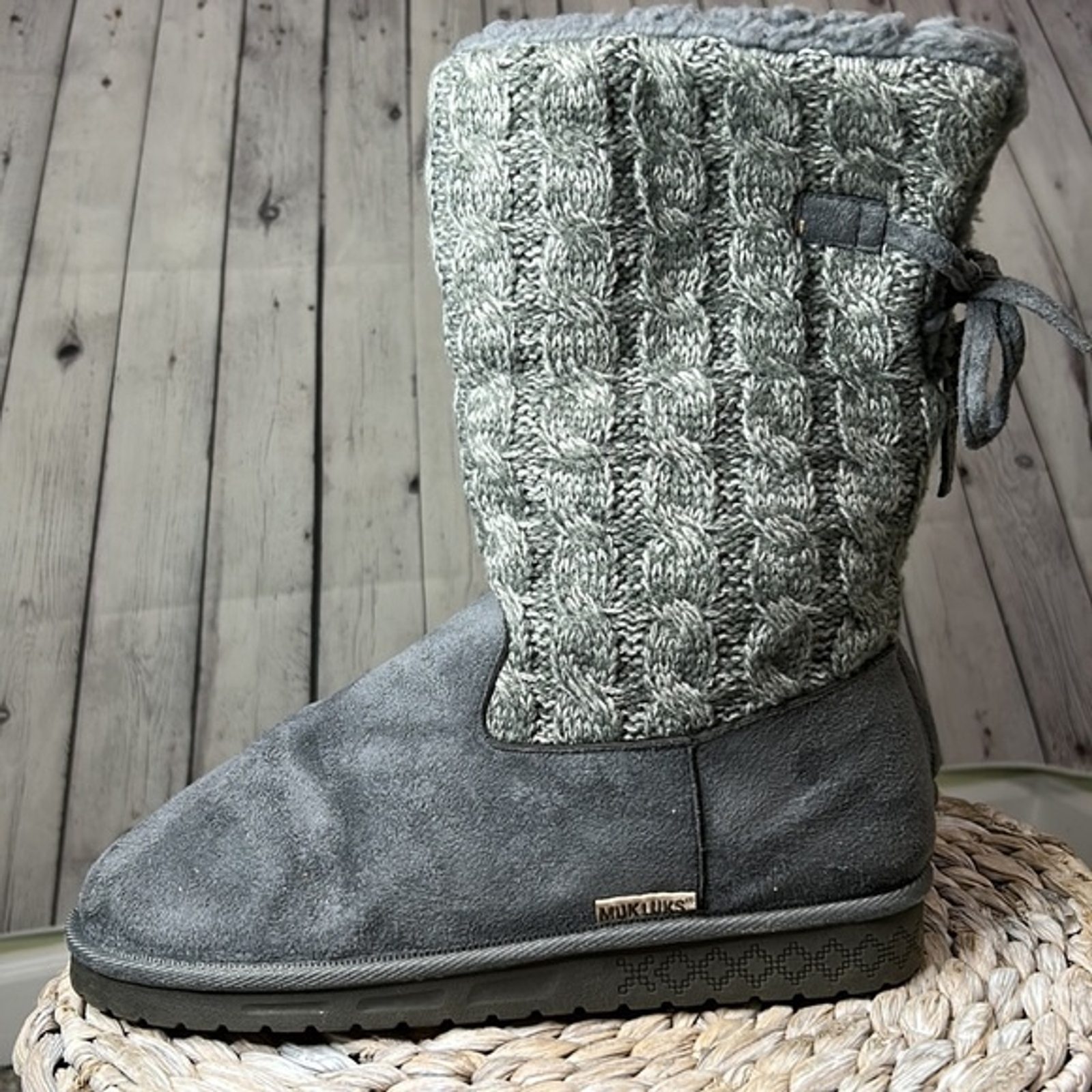 Muk Luks Skylar Cozy Crochet Suede Sherpa Gray Boots … - Gem