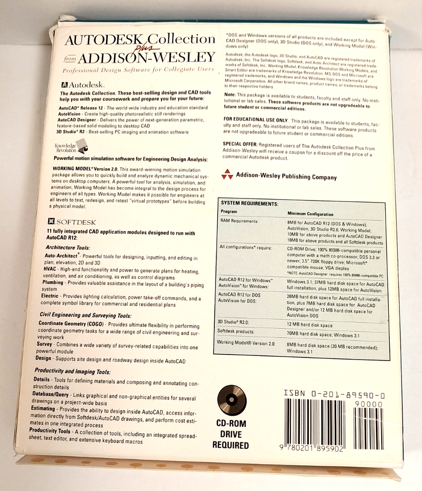 Vintage Addison-Wesley Autodesk Collection PC CDs Autocad R12 12 ...