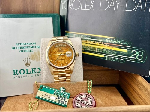 Rolex President Day Date 18038 RARE BIRCH Wood Dial 18K Yellow Gold Box ...