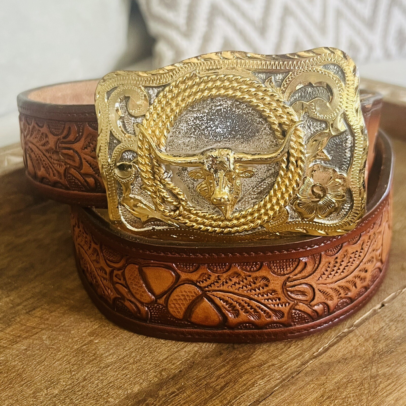 Handmade Leather Tooled Belt Longhorn Bull Belt Buckl… - Gem