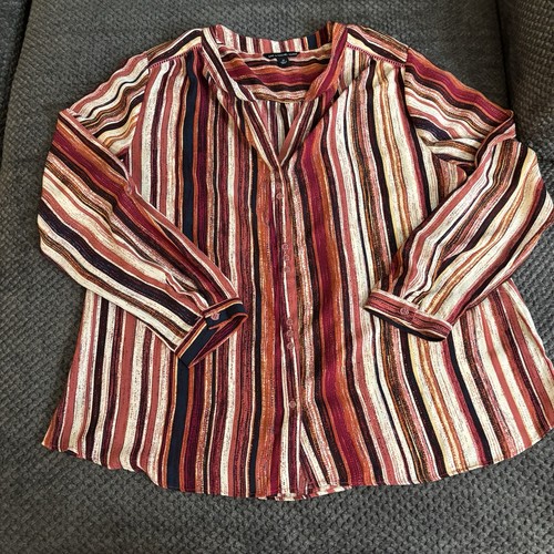 Zac & Rachel Woman Plus 1X Shirt Plaid Red Orange Roll-Tab Sleeve Vneck ...