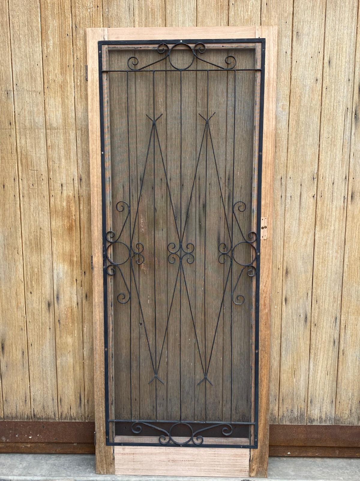 Old Original BLACK WROUGHT IRON HARDWOOD TIMBER SCREEN DOOR flywire fly ...