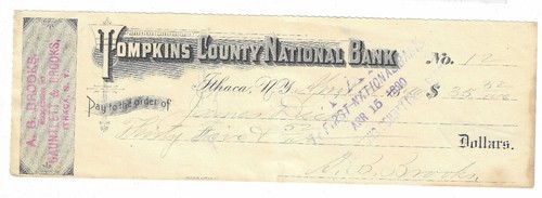 1980 Check Tomkins County National Bank, Ithaca New York, A.B Brooks ...