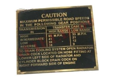 Brass Made Maximum Road Speed Data Plate For Ford MB GPW Jeeps Truck ...