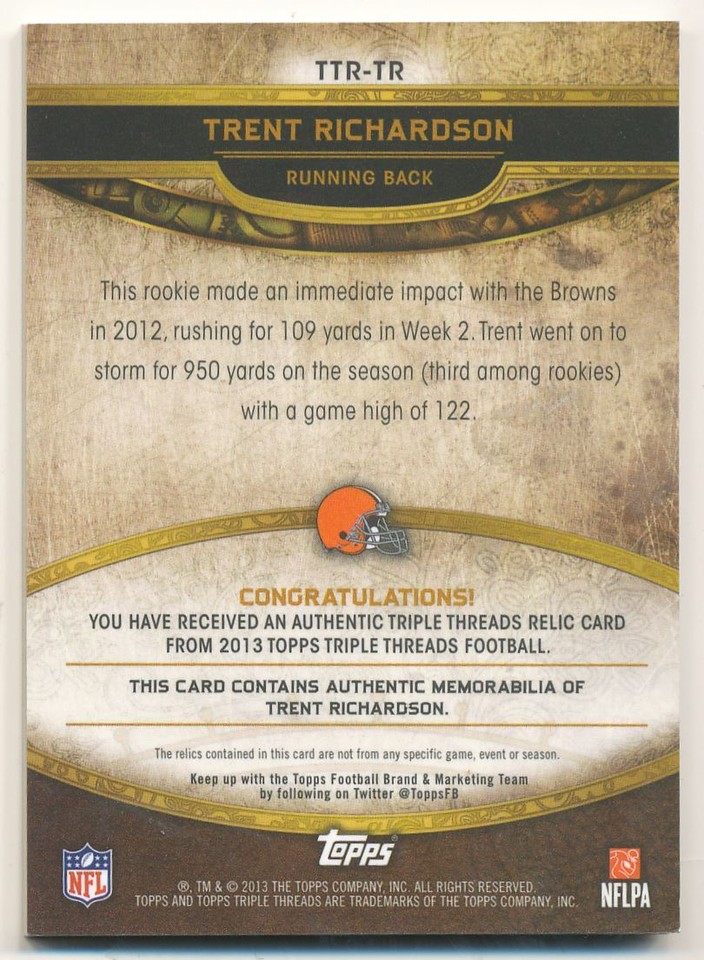 2013 Topps Triple Threads Relics Emerald #TTRTR Trent Richardson Jersey ...